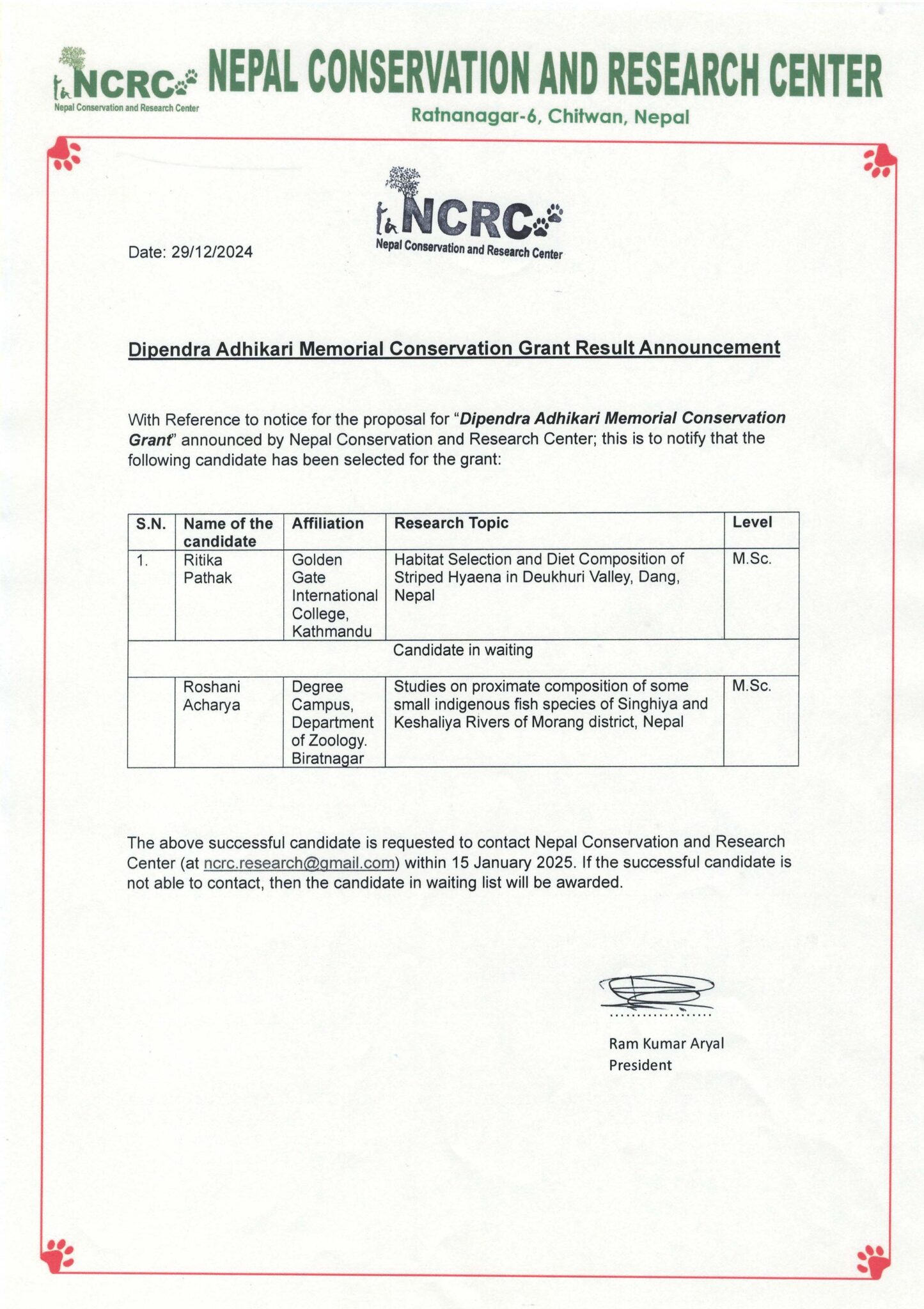 Dipendra Adhikari Memorial Conservation Grant Result Announcement ...